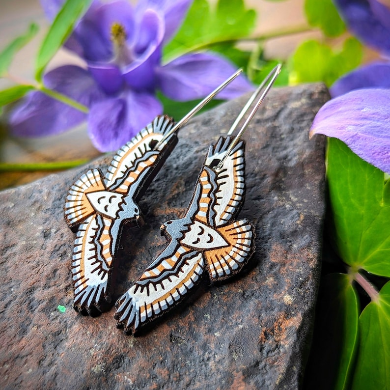 Hawk Earrings Solid Cherry Hand Engraved and Painted Wood Dangle ...