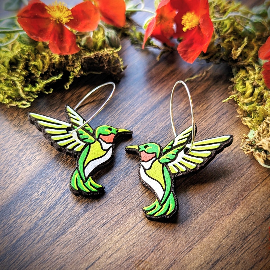 Hummingbird Earrings • 3 COLOR OPTIONS • Hand Painted Solid Wood ...