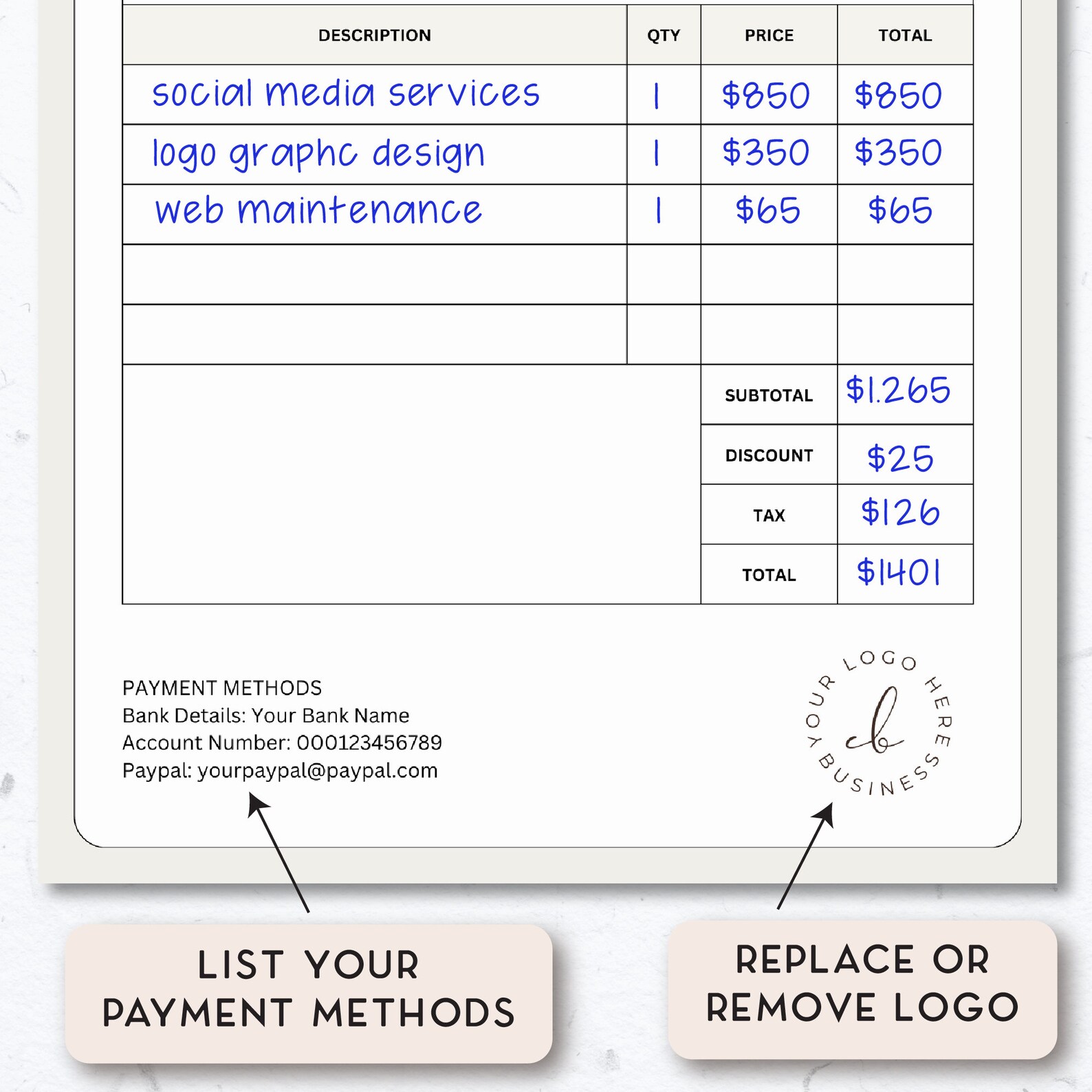 Invoice Template Canva, Small Business Invoice Editable, Printable ...