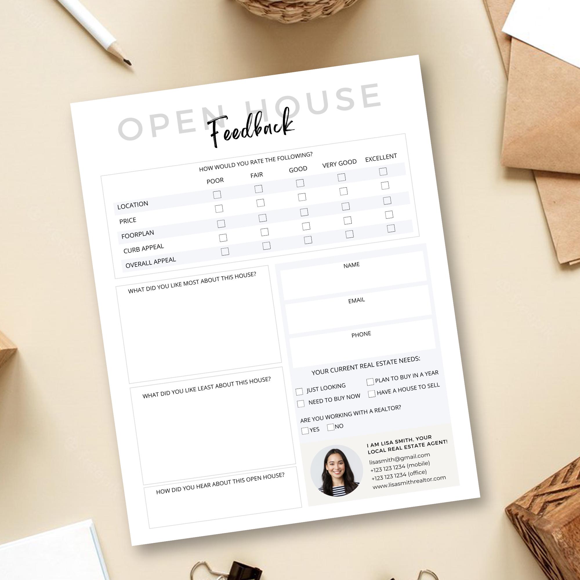 Open House Feedback Form, Open House Questionnaire, Real Estate ...