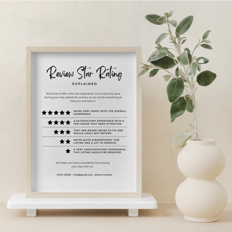 5 Star Rate Sign, Review Sign, Star Rating Poster, Short Term Rental ...