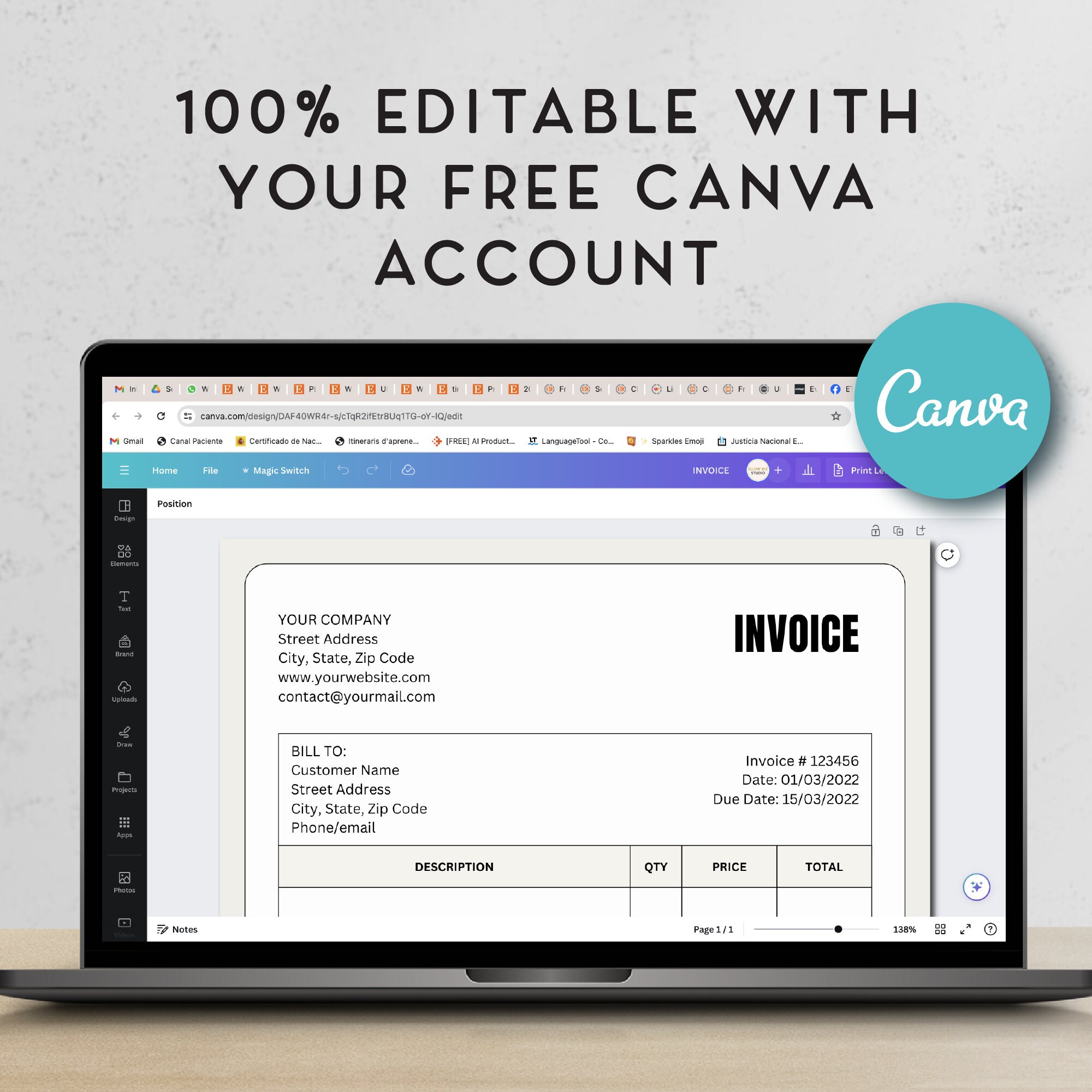 Invoice Template Canva, Small Business Invoice Editable, Printable ...