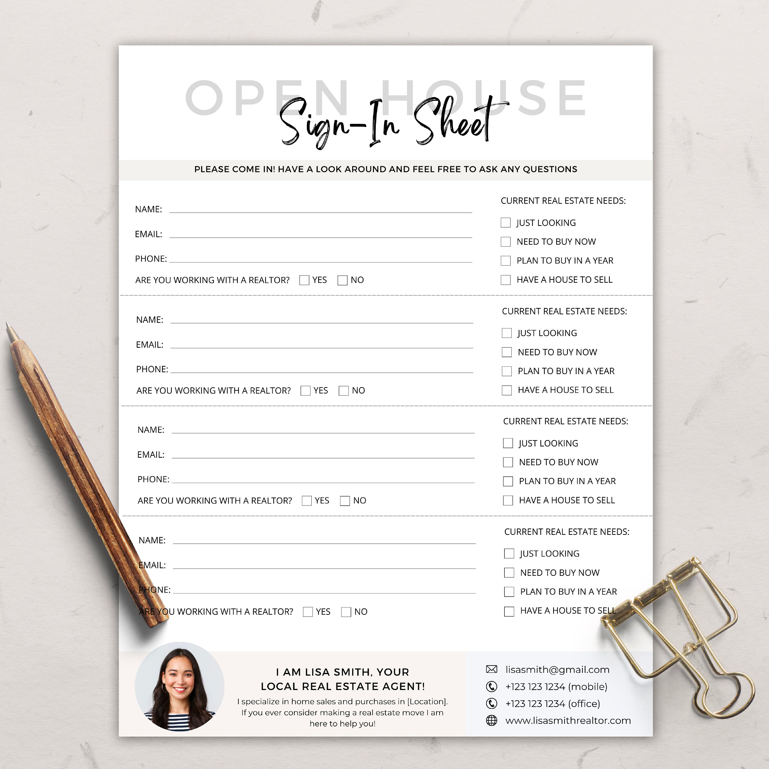 Open House Sign in Sheet, Open House Questionnaire, Open House Welcome ...