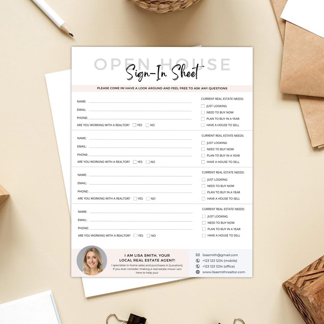 Open House Sign in Sheet for Real Estate, Open House Questionnaire ...