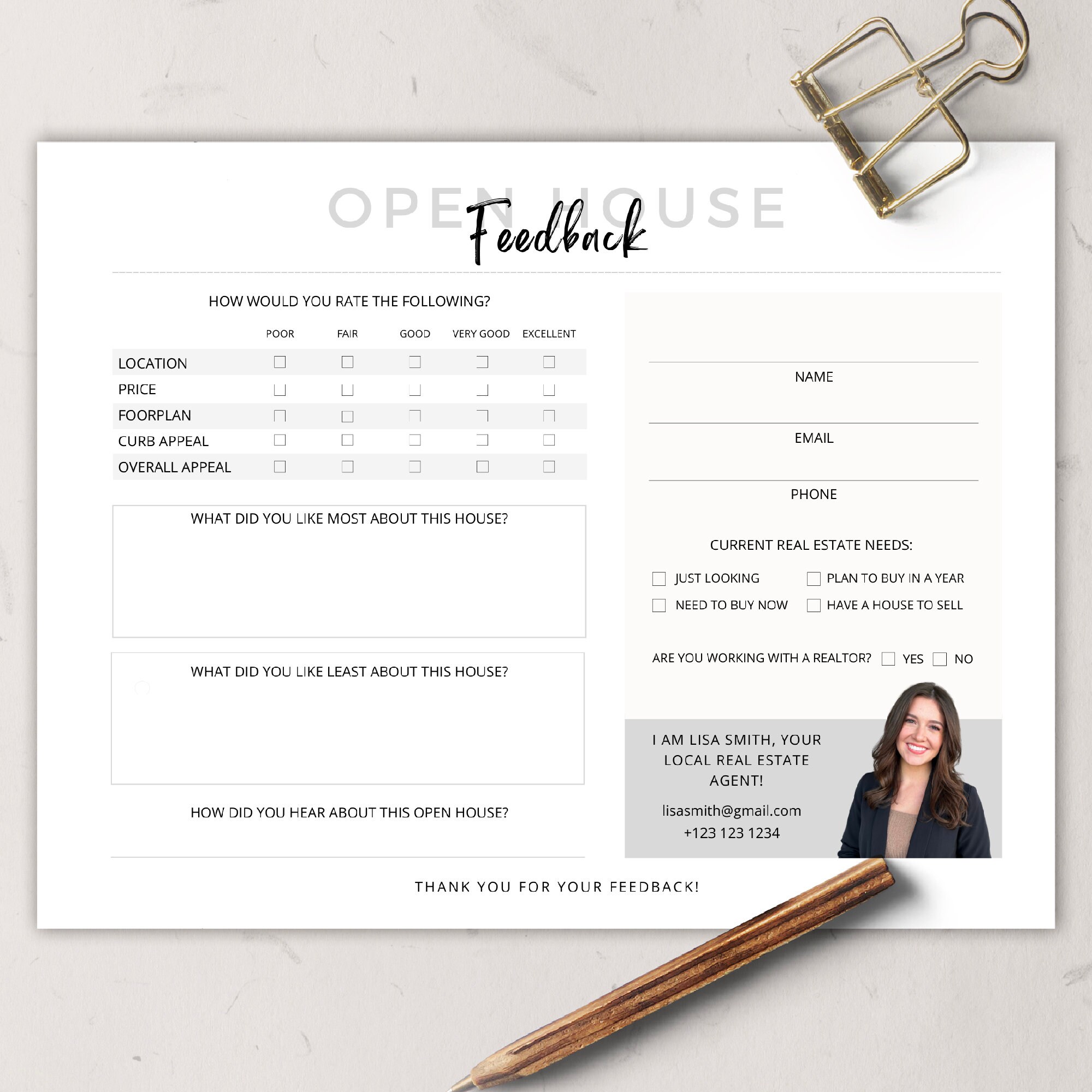 Open House Feedback Form, Open House Questionnaire, Real Estate ...