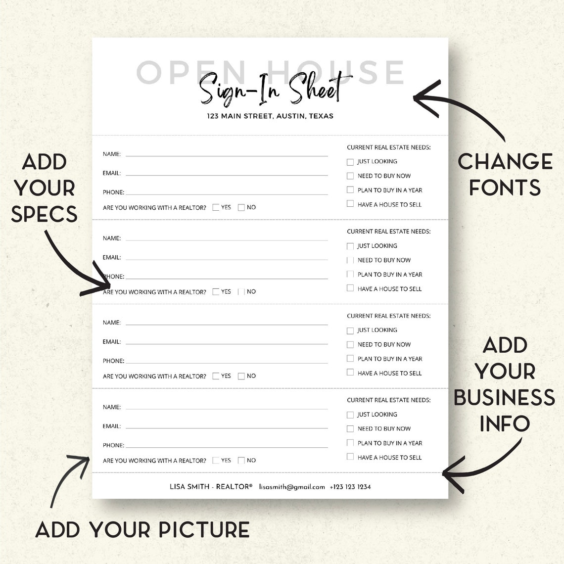 Open House Sign in Sheet for Real Estate, Open House Questionnaire ...