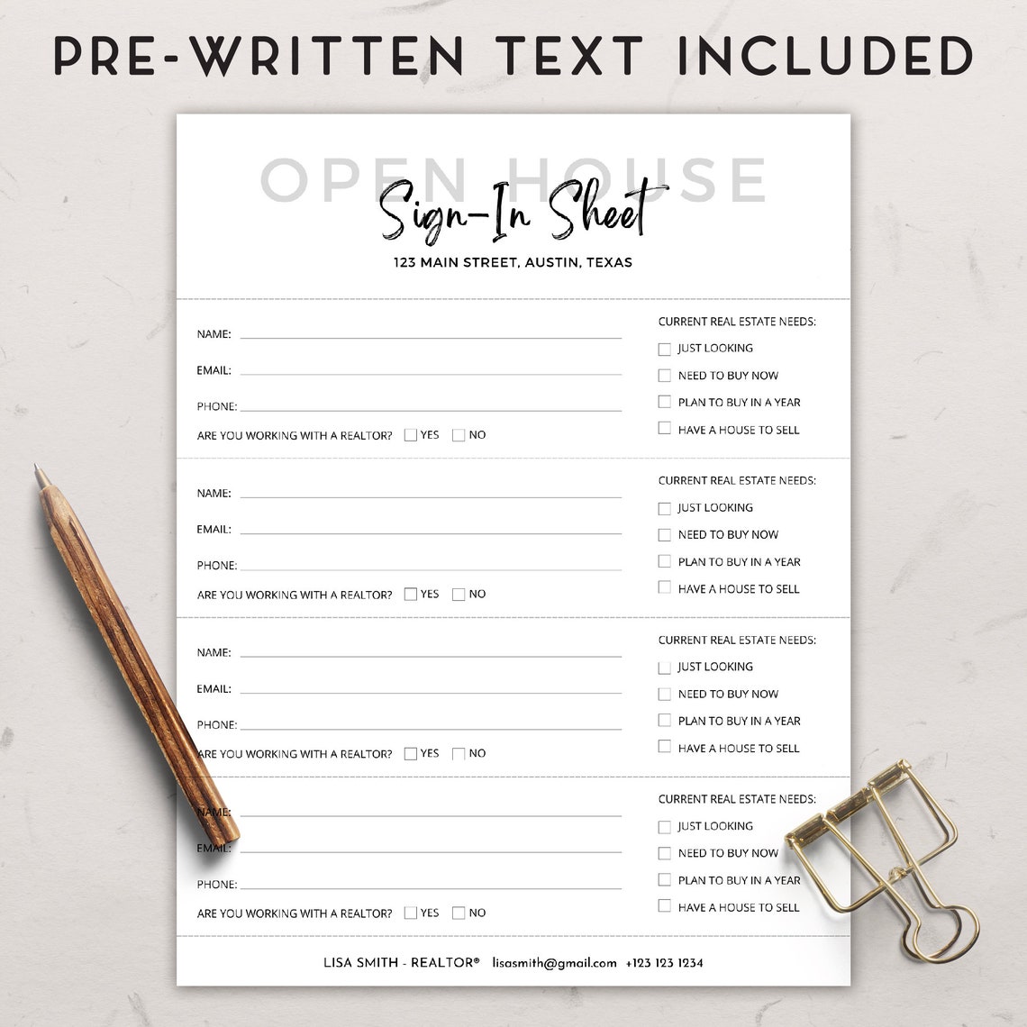 Open House Sign in Sheet for Real Estate, Open House Questionnaire ...