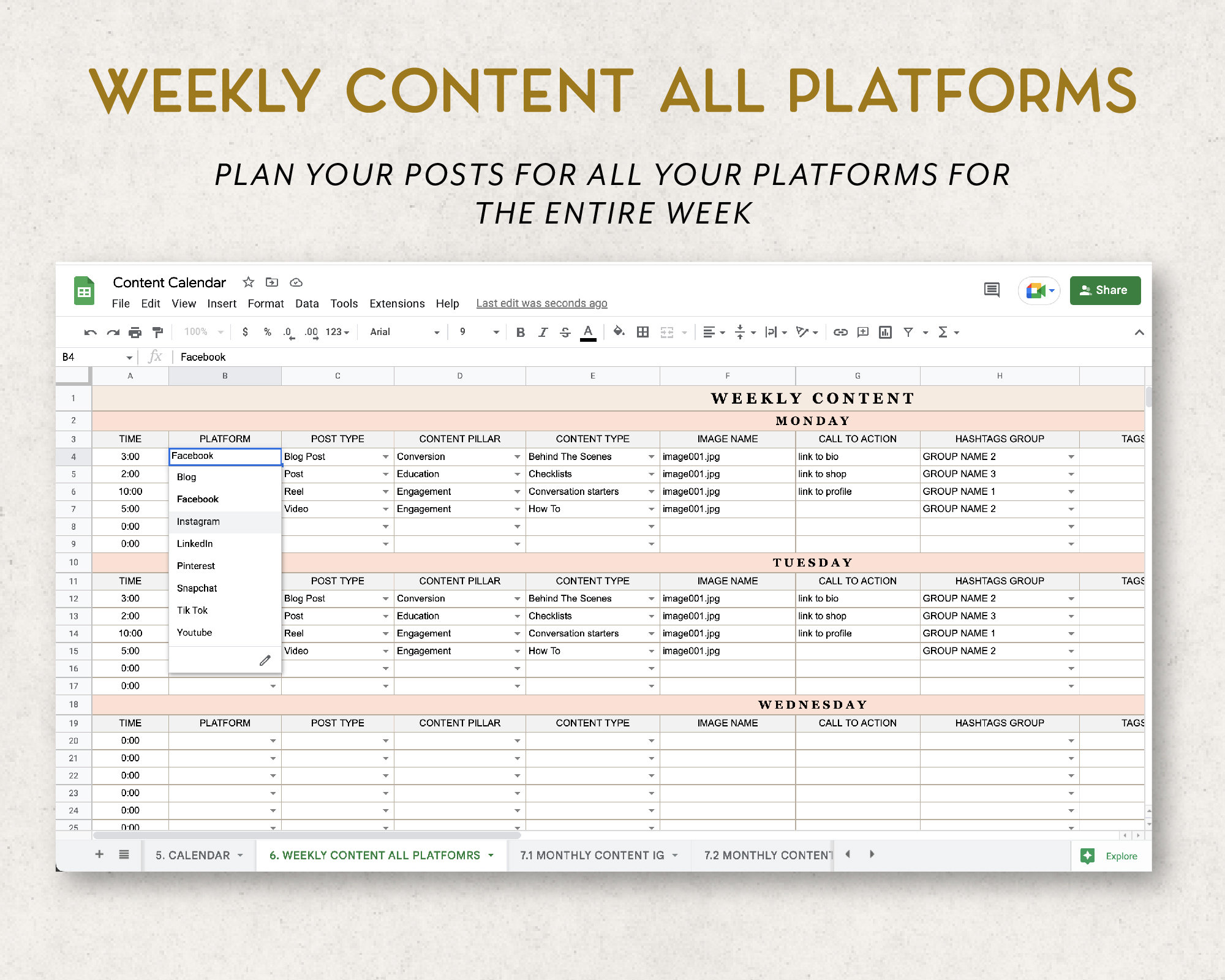 Content Planner Google Sheets, Social Media Content Calendar Excel ...