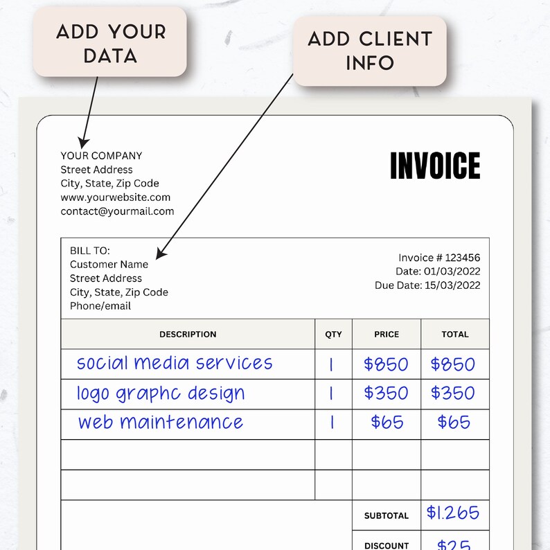 Invoice Template Canva, Small Business Invoice Editable, Printable ...