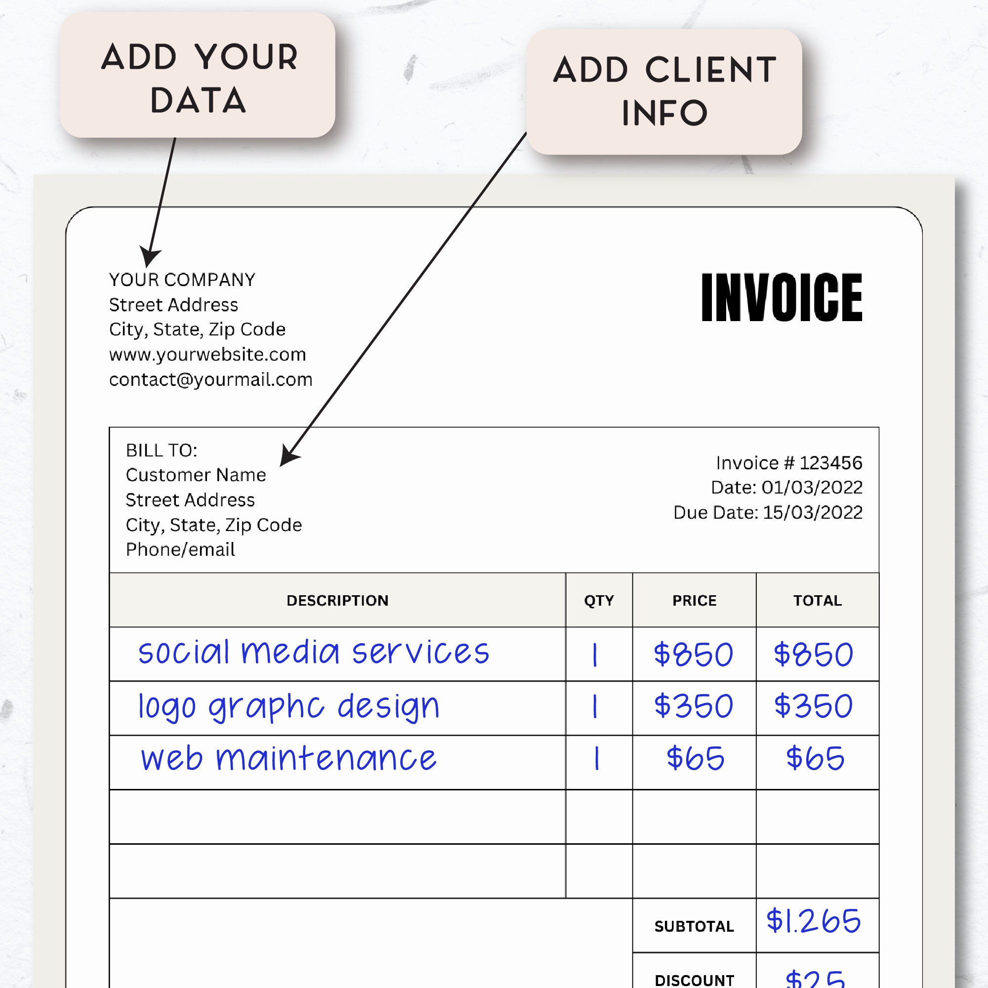 Invoice Template Canva, Small Business Invoice Editable, Printable ...