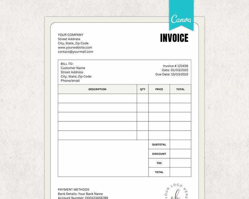 Invoice Template Canva, Small Business Invoice Editable, Printable ...