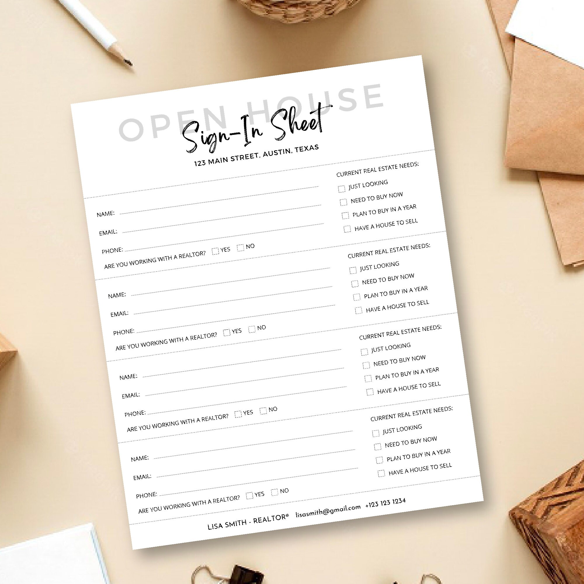Open House Sign in Sheet for Real Estate, Open House Questionnaire ...
