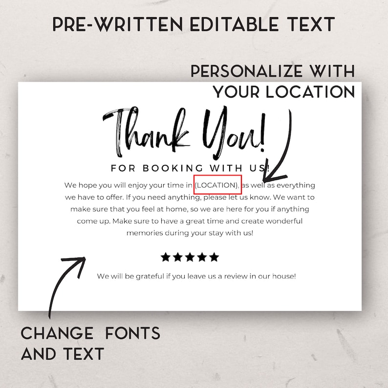 Vacation Rental Thank You Card Template, Thank You Card for Guests ...