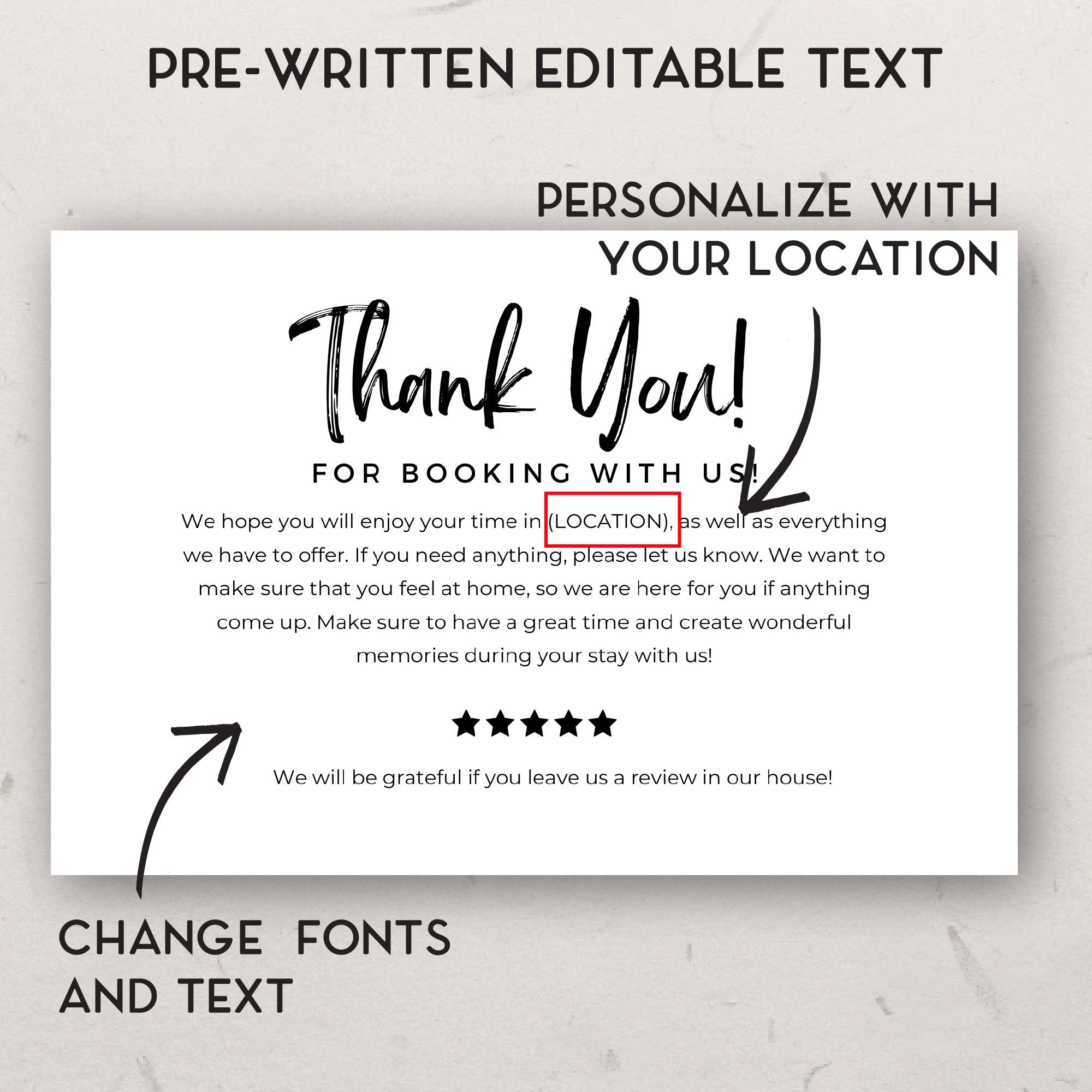 Vacation Rental Thank You Card Template, Thank You Card for Guests ...