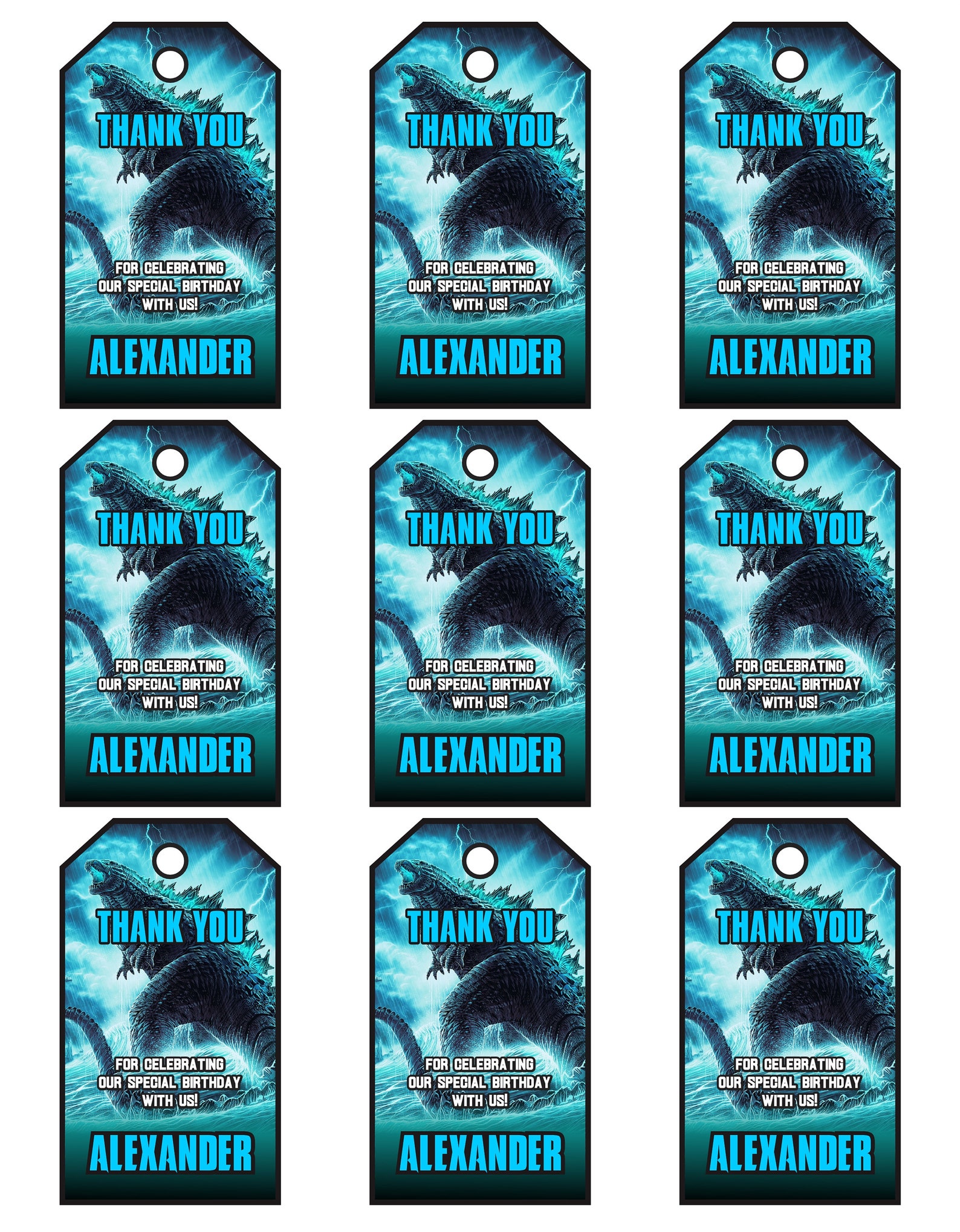 Godzilla Birthday Thank You Tag: Editable Sticker (digital File) - Etsy