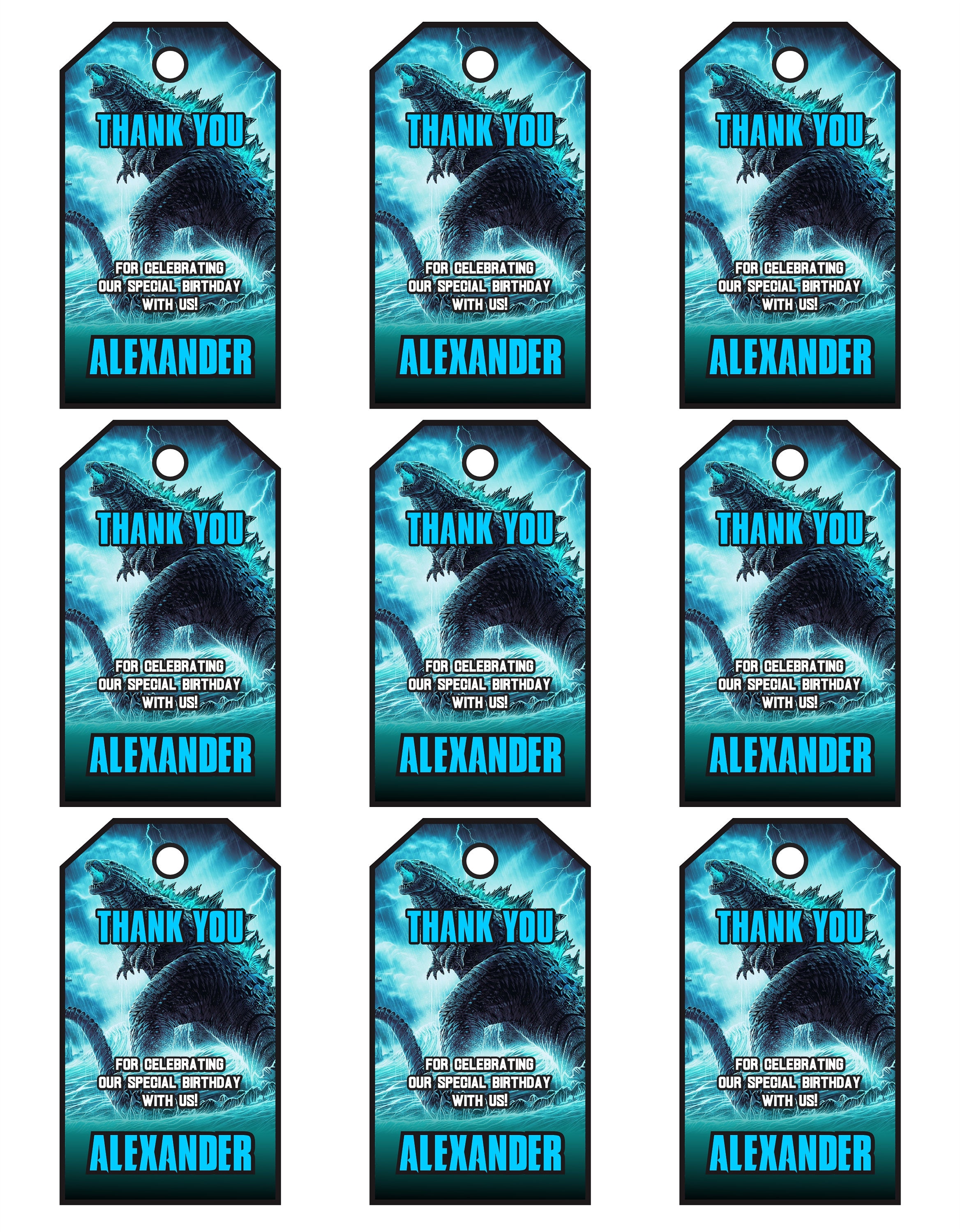 Godzilla Birthday Thank You Tag: Editable Sticker (digital File) - Etsy