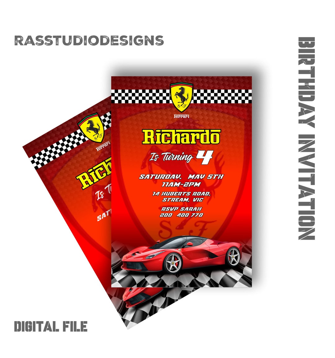 Ferrari Cars Birthday Invitation, Race Car Birthday Party, Card ...
