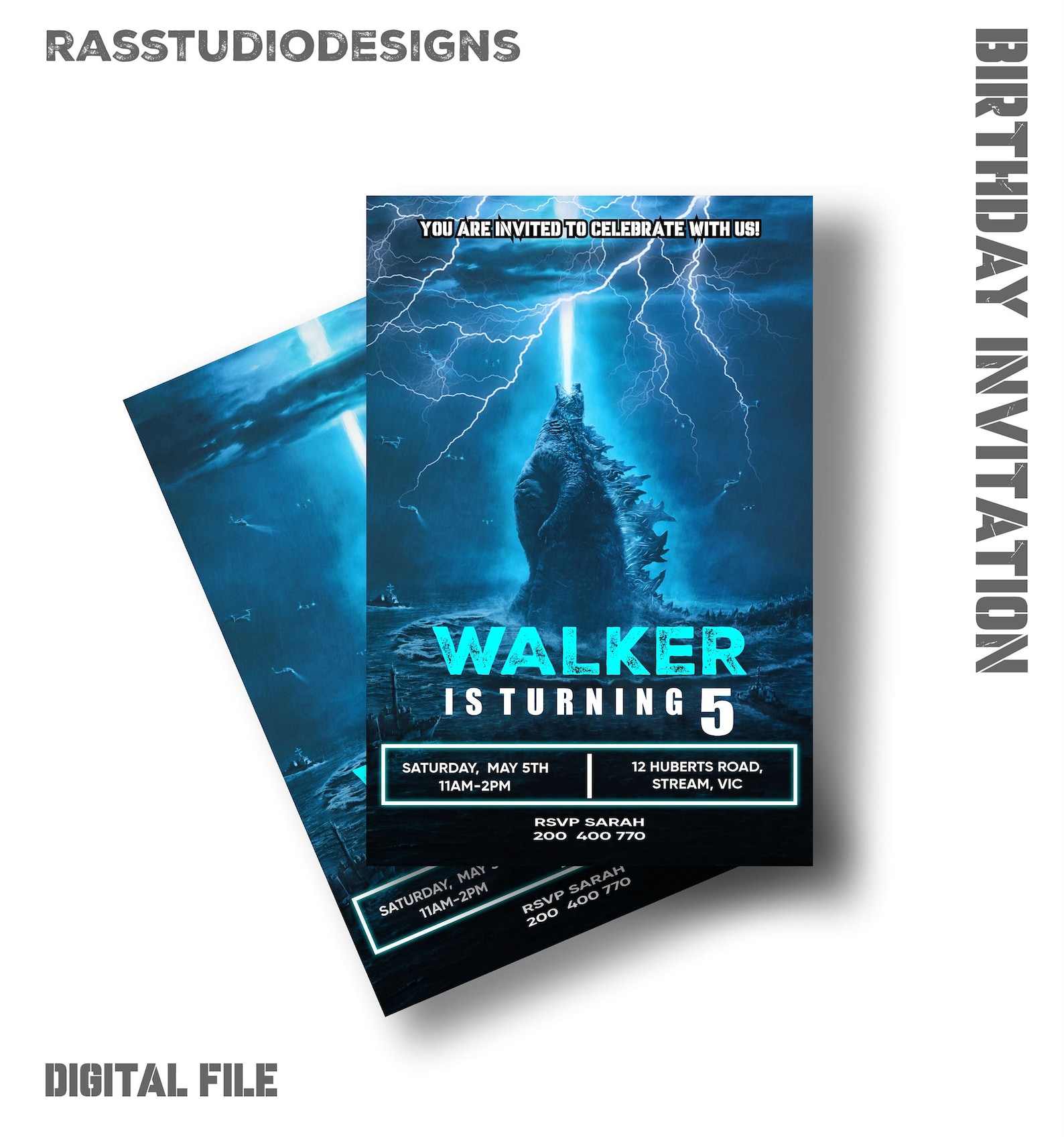 Godzilla Birthday Invitation, Godzilla Digital Birthday Invitation ...