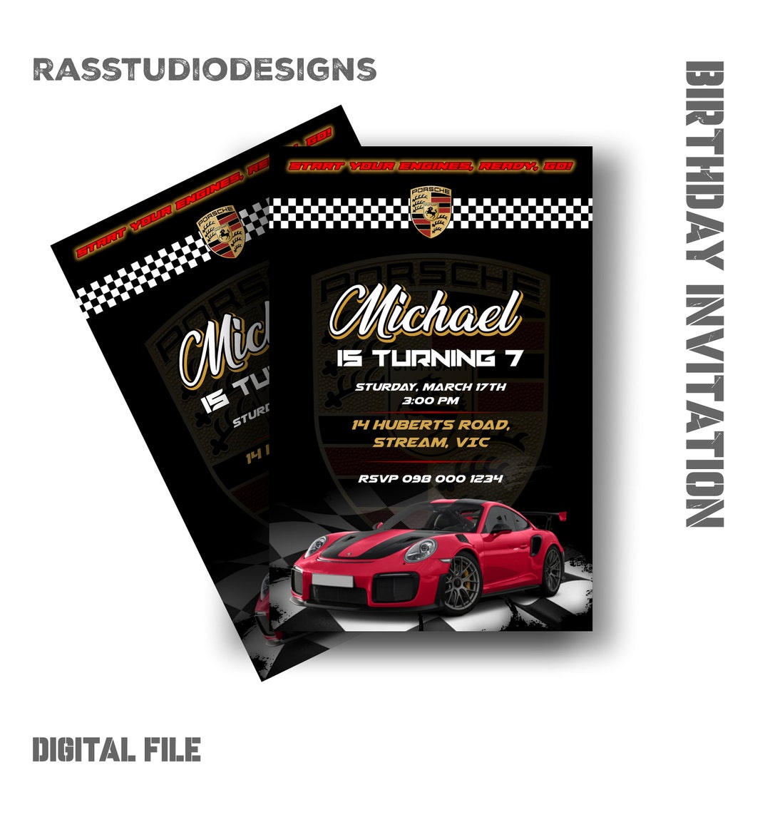 Porsche Cars Funny Birthday Invitation, Race Car Birthday Party, Race ...
