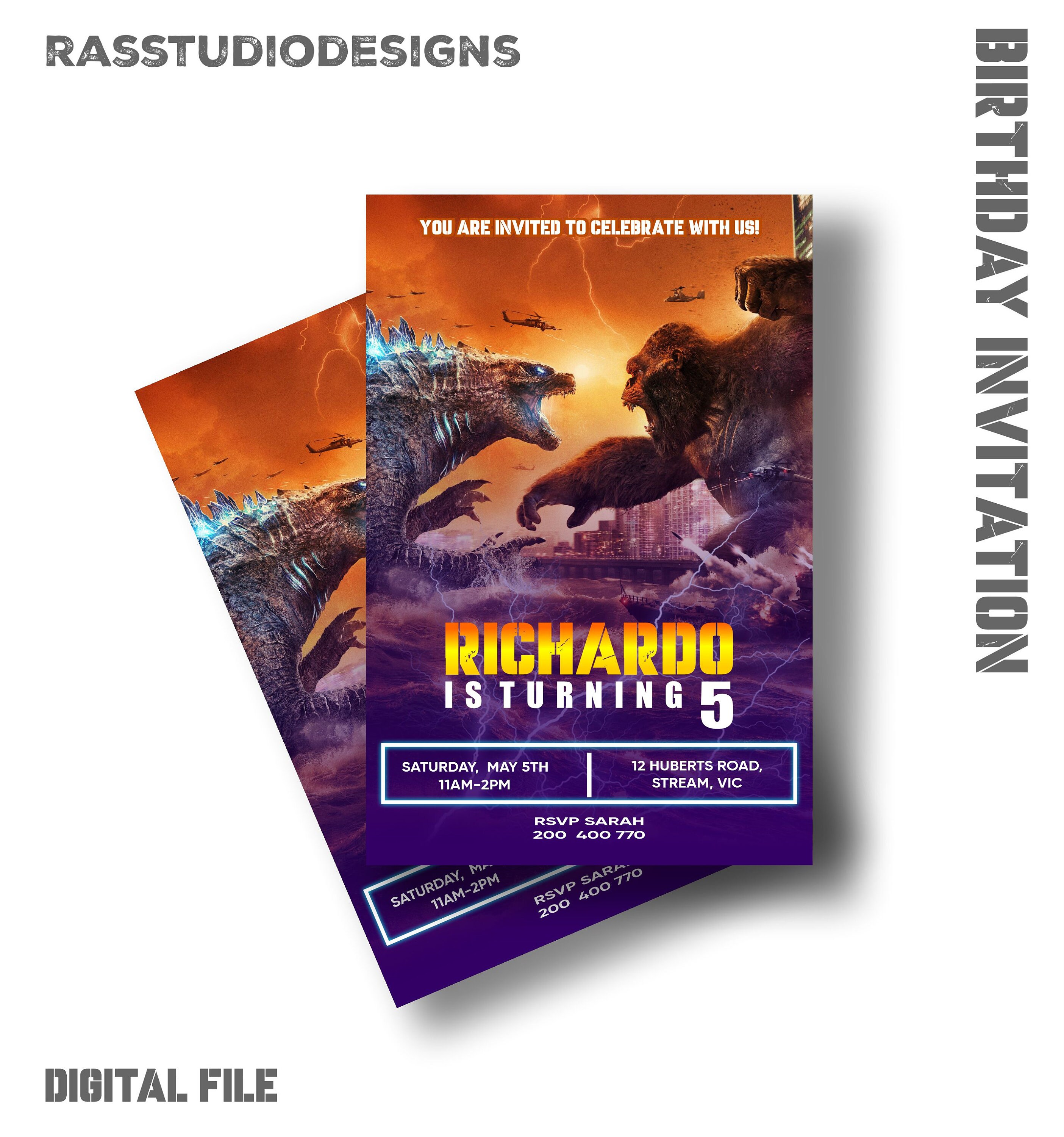 Godzilla Birthday Invitation, Godzilla Vs Kong Digital Invitation ...