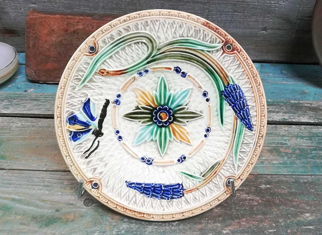 Antique French Majolica / Barbotine Plate Rare Blue and Green Colors ...