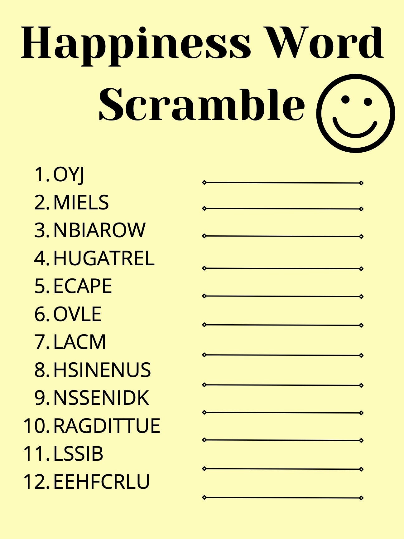 Word Scramble Game Printout With Answers Happiness | Etsy