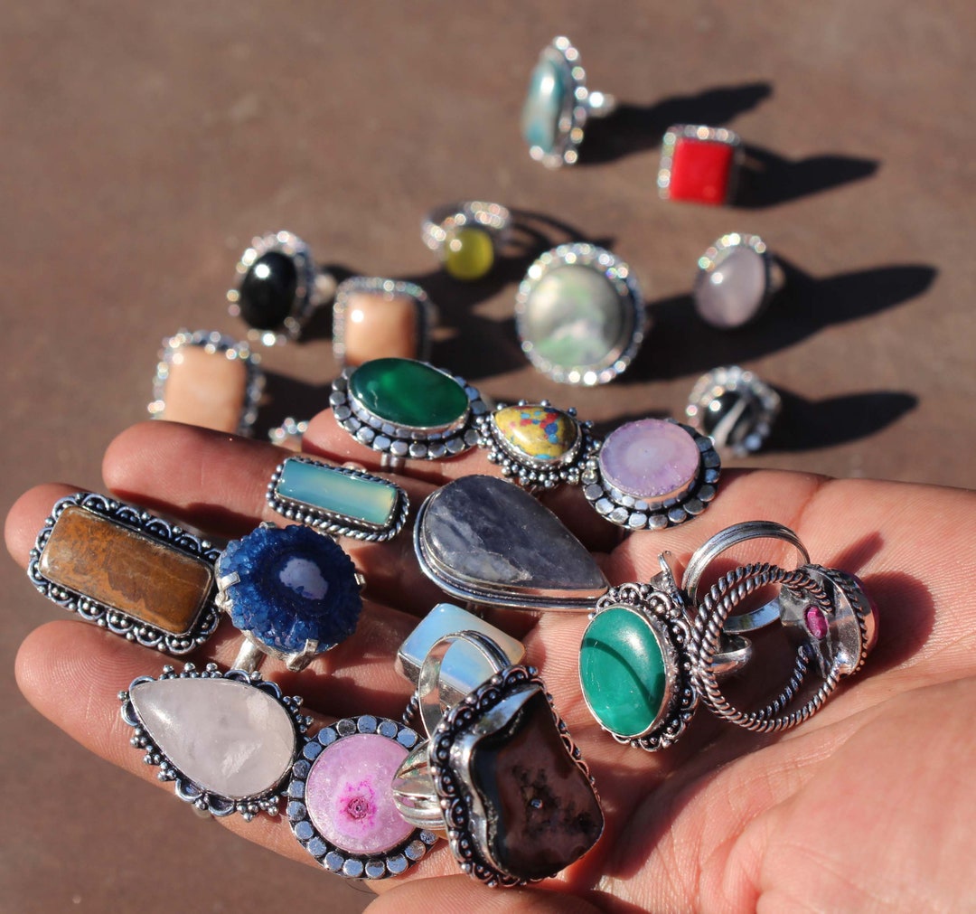 Rings Lot, Natural Gemstones Rings for Her, Silver Plated Rings ...