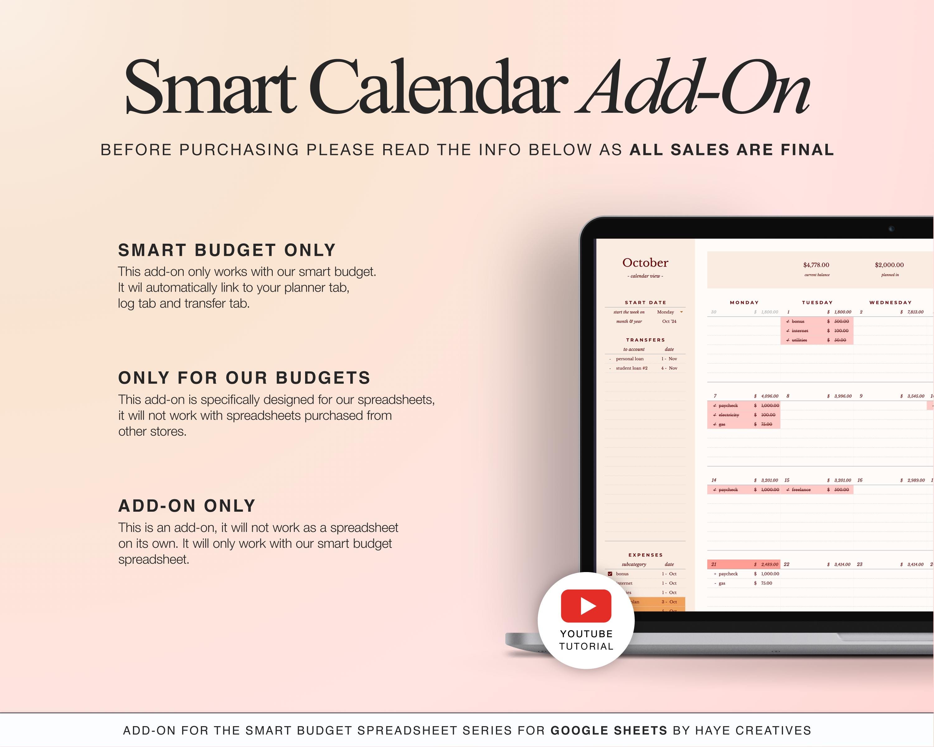 ADD-ON: Smart Calendar Add on for Our Smart Budget Spreadsheet - Etsy