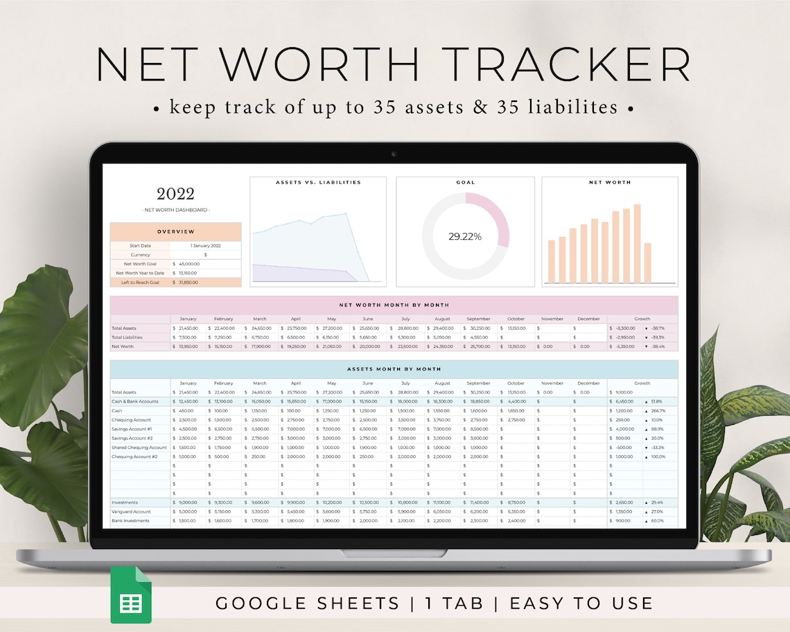 Net Worth Tracker Spreadsheet for Google Sheets, Net Worth Calculator ...