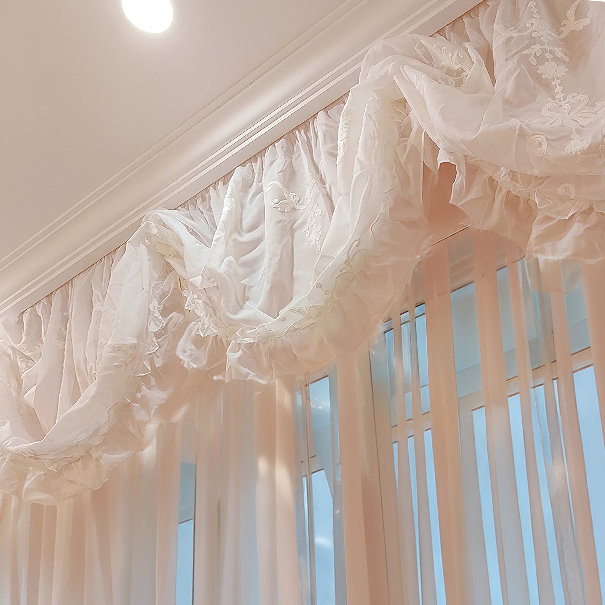 Embroidered Cotton Curtain: Ruffle Edge, Drawstring Design ...