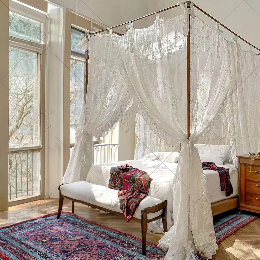 Princess Floral Embroidery Bed Canopy | 4 Corner Lace Canopy Bed ...