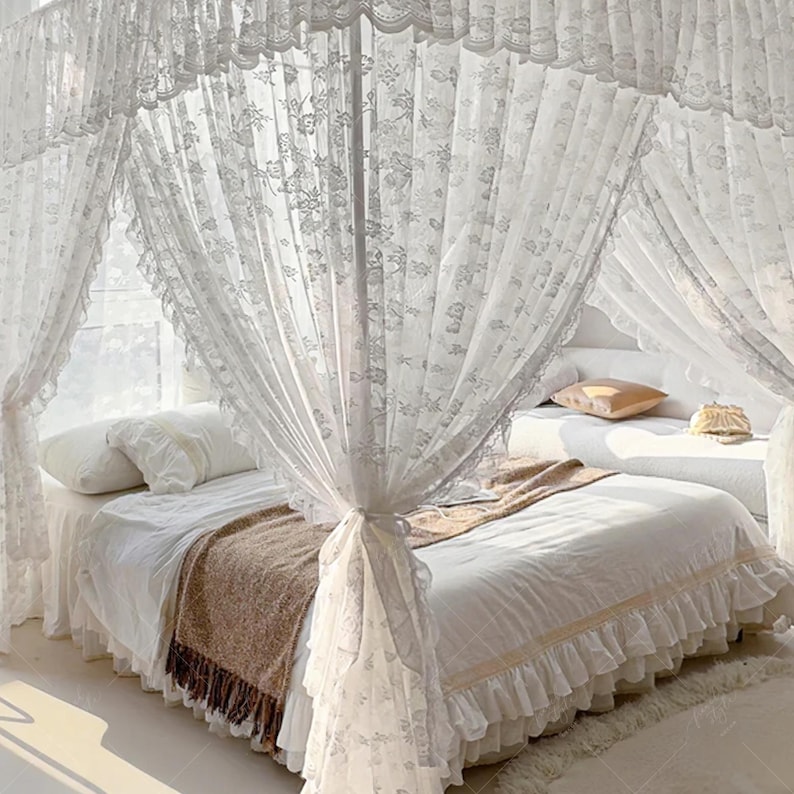 White Lace Bed Canopy: Floral Embroidered Sheer Curtain - Etsy