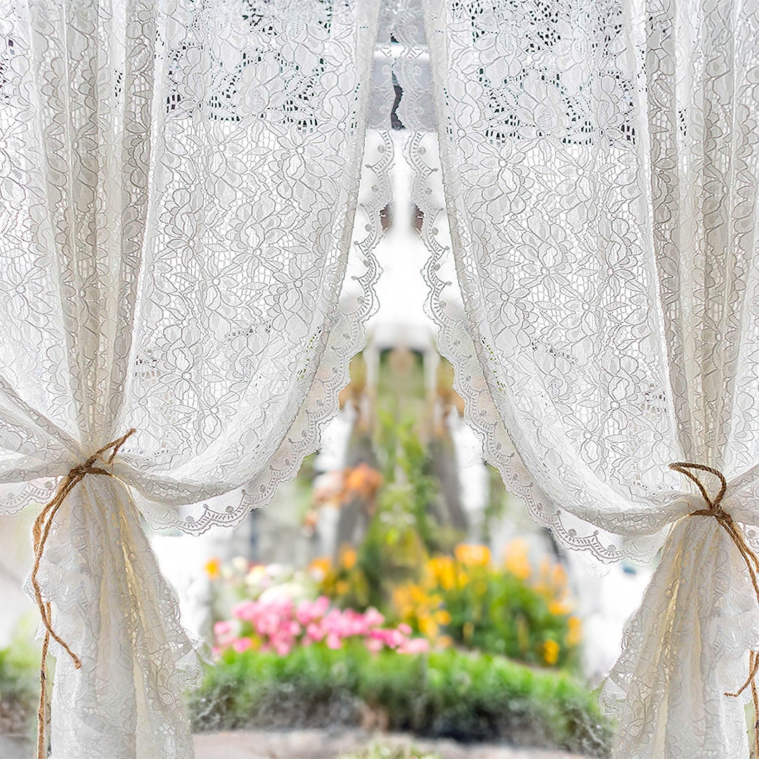 55 Wide Floral Embroidered Sheer Curtains Rustic White Lace Sheer ...