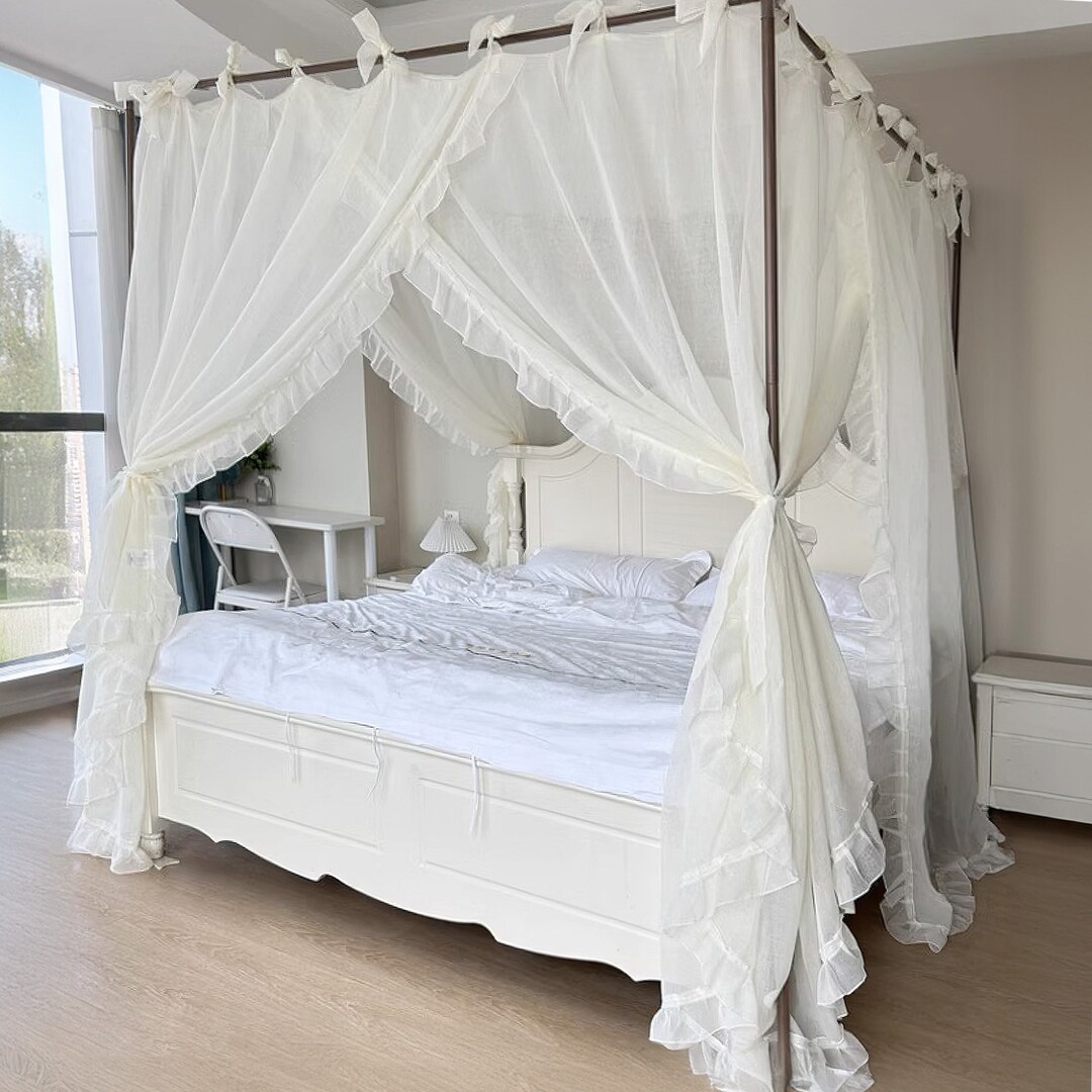 Linen Texture Sheer Canopy for Four-poster Bed Romantic and Elegant ...