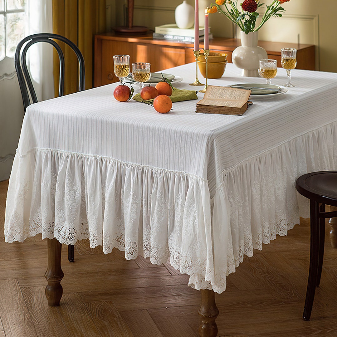 White Embroidered Waterproof Tablecloth, French Style Floral Lace ...