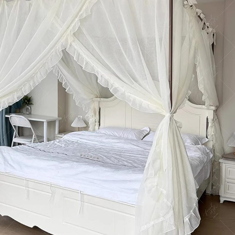 Linen Sheer Bed Canopy: Romantic Ruffled Bedroom Drapery - Etsy