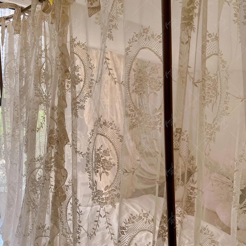 White Floral Embroidery Bed Canopy: Sheer Lace, Romantic Drapery - Etsy