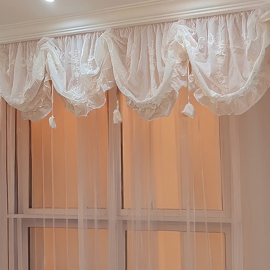 Embroidered Cotton Curtain: Ruffle Edge, Drawstring Design ...