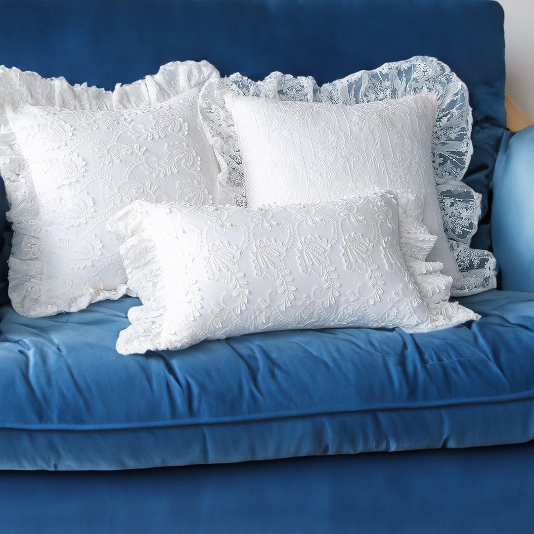 Floral Embroidered Lace Pillow Cover: White Cotton Ruffle Cushion - Etsy