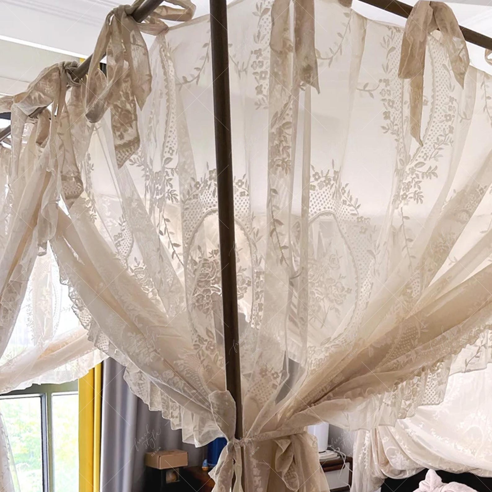 White Floral Embroidery Bed Canopy: Sheer Lace, Romantic Drapery - Etsy