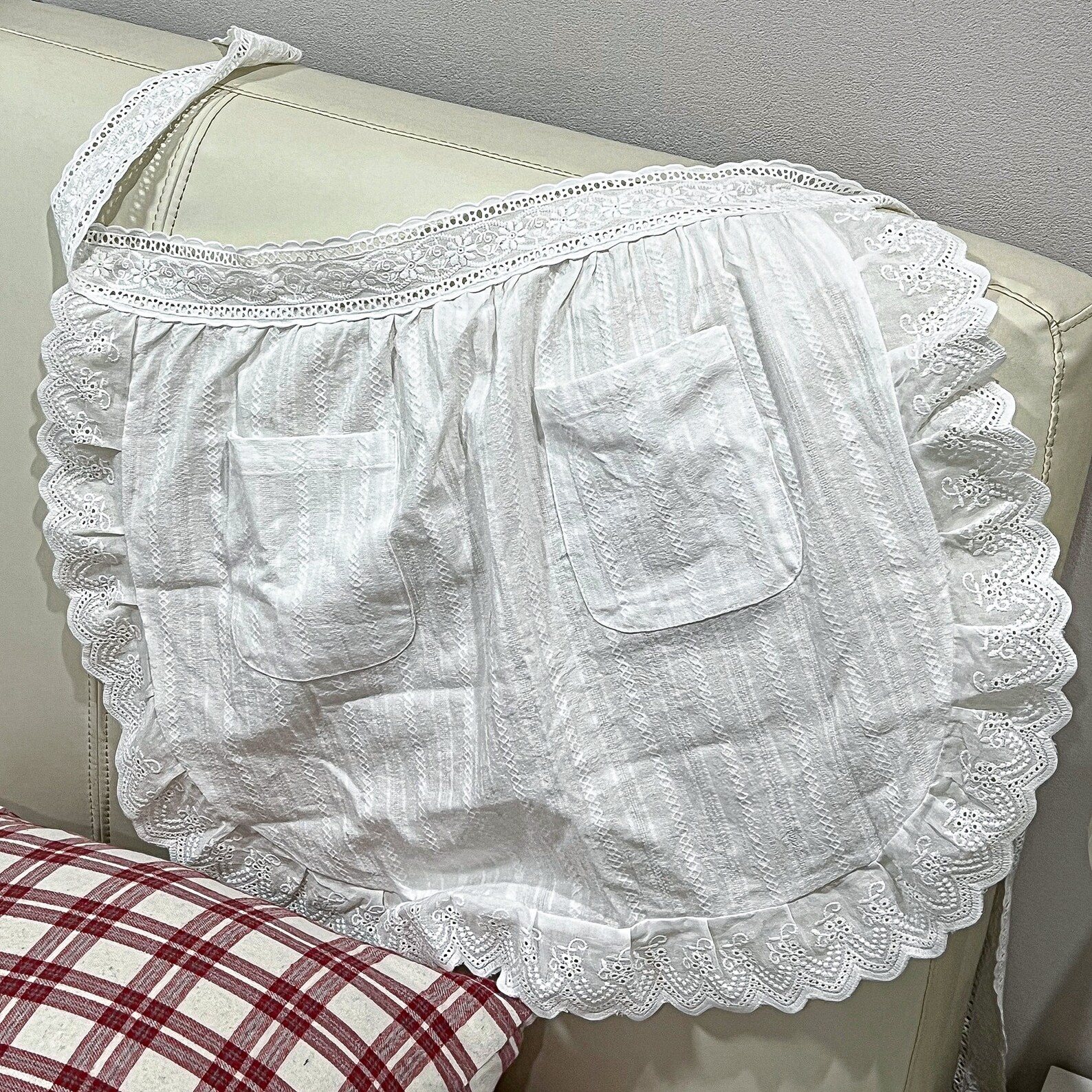 French Style Lace Half Apron: White Cotton Kitchen Apron With Pockets ...