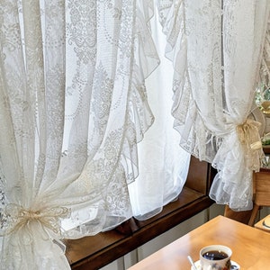 White Lace Embroidery Curtain With Ruffle Edge, French Style Semi Sheer ...