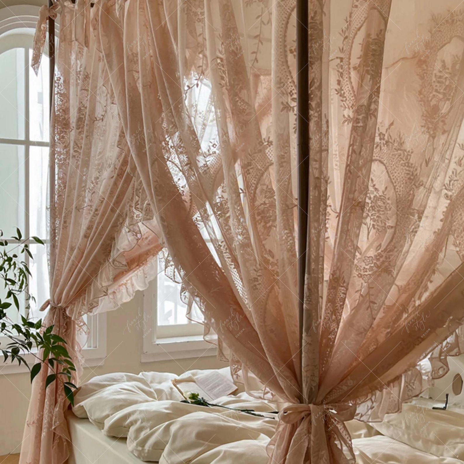 White Floral Embroidery Bed Canopy: Sheer Lace, Romantic Drapery - Etsy