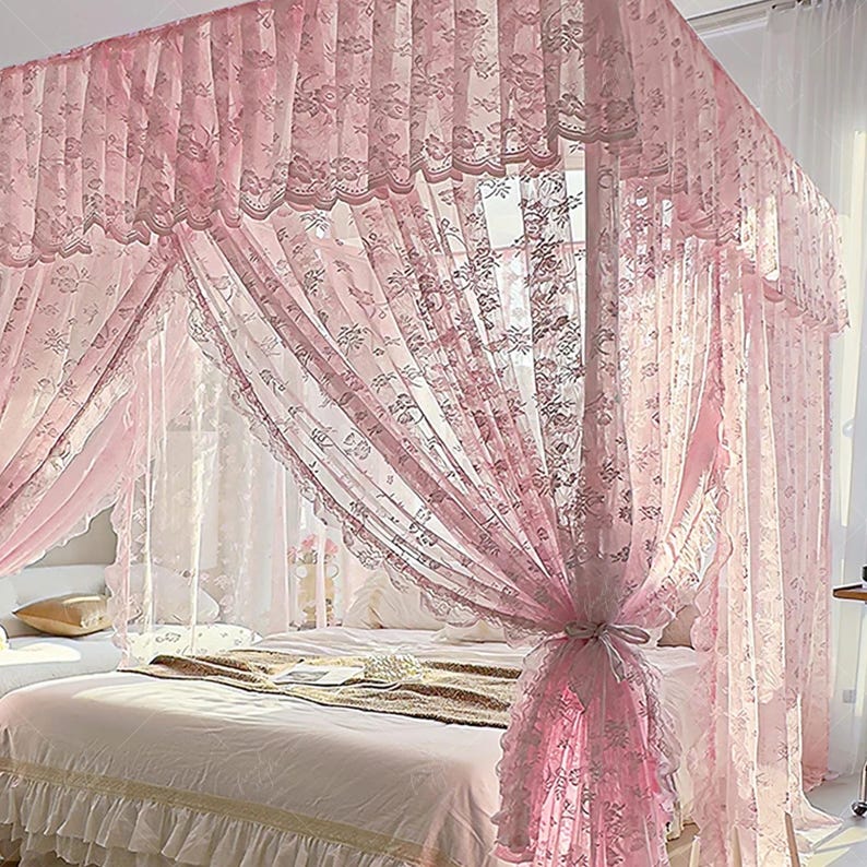 White Lace Bed Canopy: Floral Embroidered Sheer Curtain - Etsy