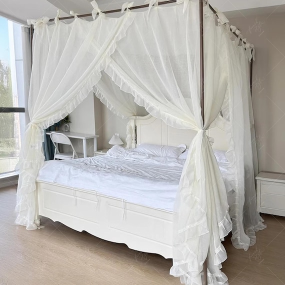 Linen Texture Sheer Canopy for Four poster Bed Romantic and Elegant Bedroom Drapery White Bed Canopy With Ruffled Edges Etsy