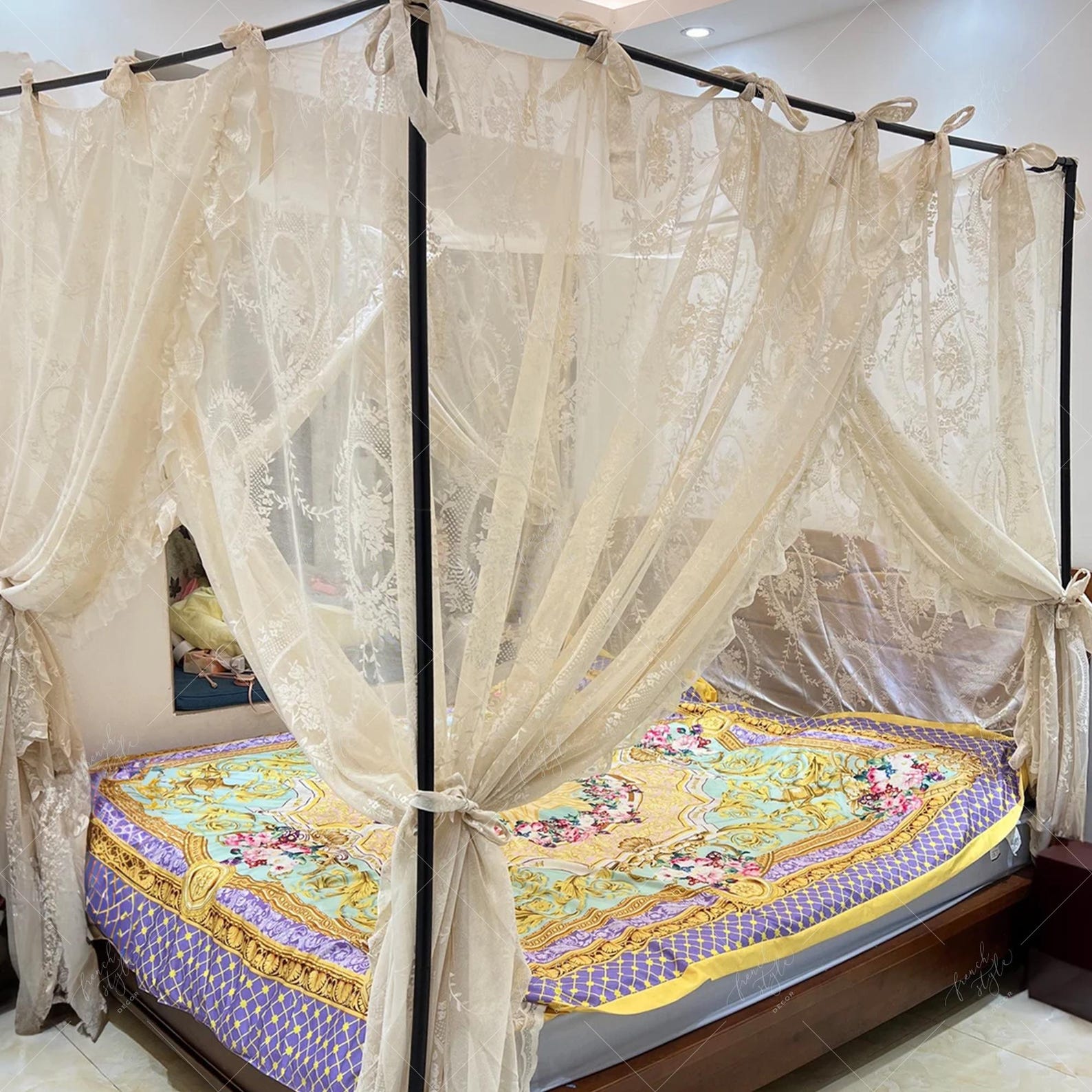 White Floral Embroidery Bed Canopy: Sheer Lace, Romantic Drapery - Etsy