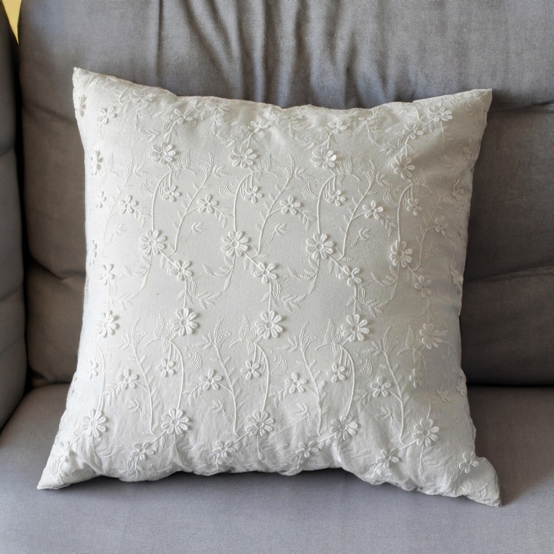 French Style Floral Embroidered Lace Cushion Cover | Farmhouse Lace ...