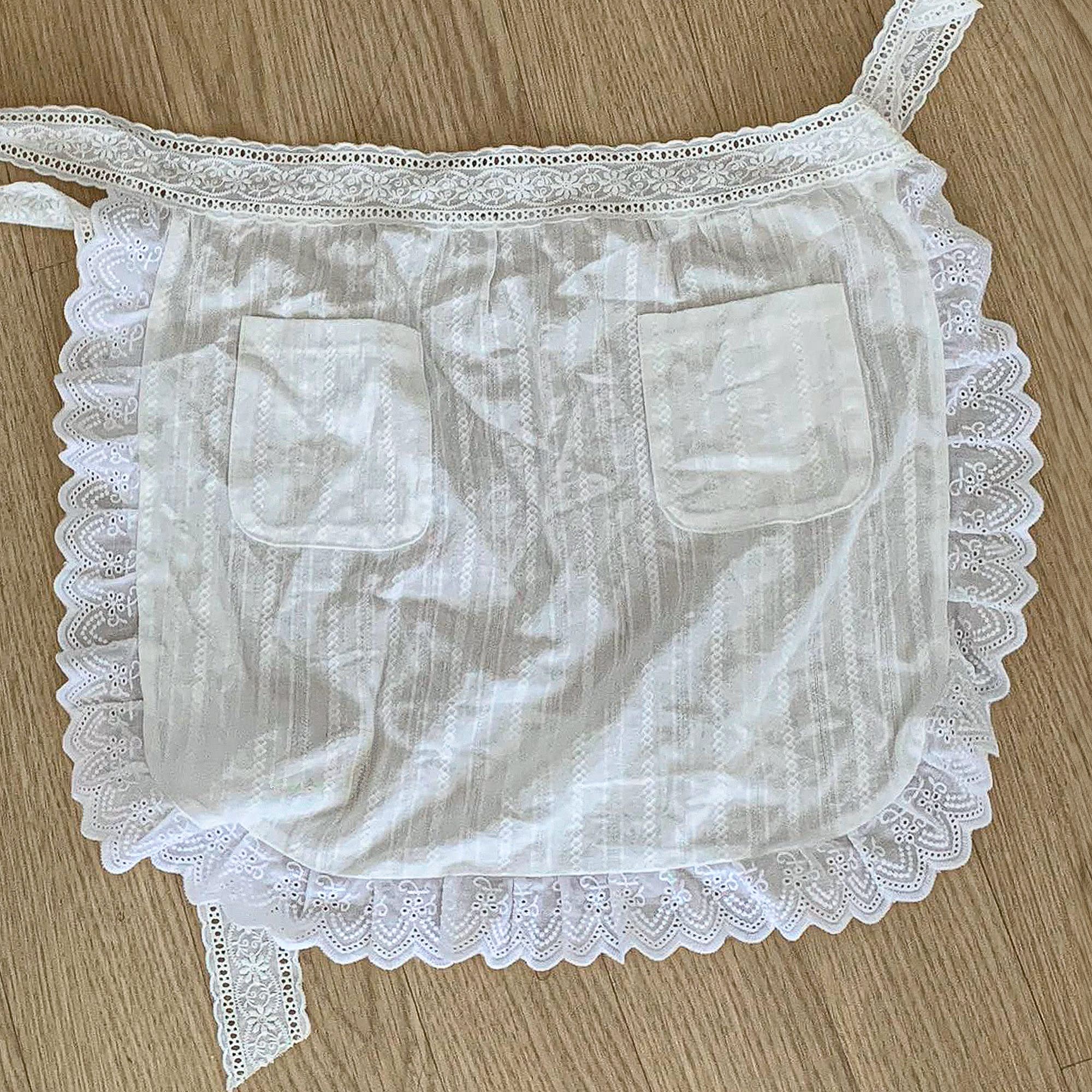 French Style Lace Half Apron: White Cotton Kitchen Apron With Pockets ...
