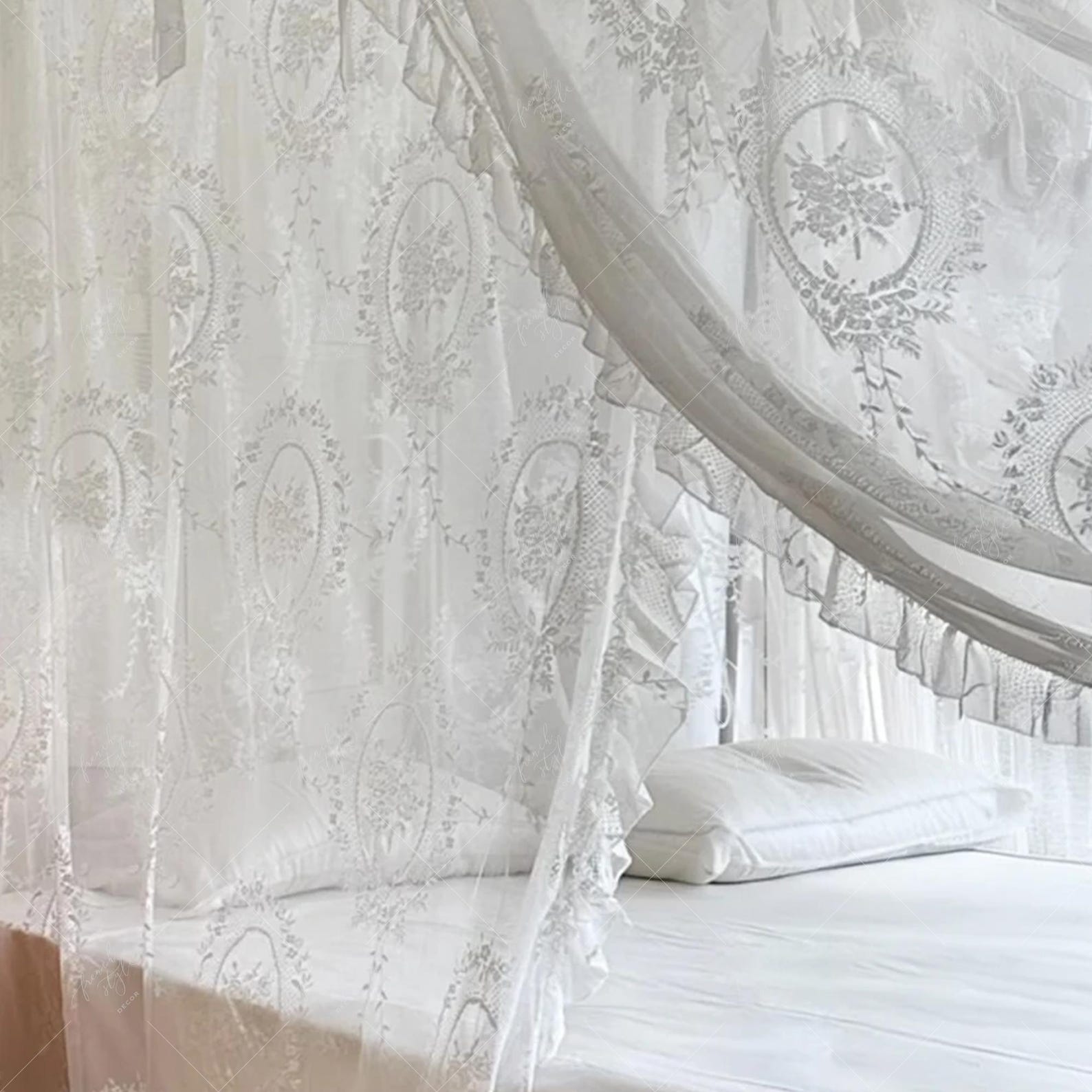 White Floral Embroidery Bed Canopy: Sheer Lace, Romantic Drapery - Etsy
