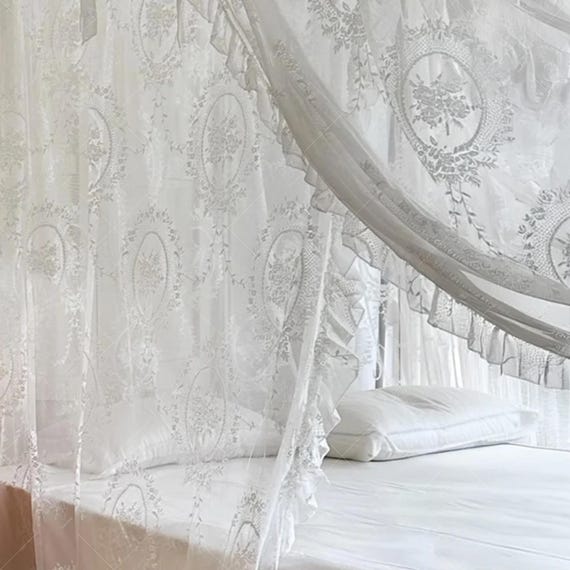Elegant White Floral Embroidery Bed Canopy Semi Sheer Lace Canopy Bed Curtains With Ties Romantic Canopy Drapery Curtains Shabby Chic Etsy